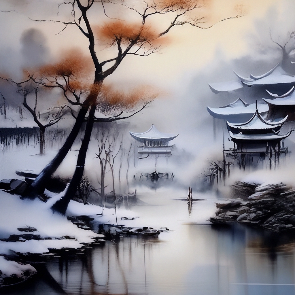 "China winter, trees ink painting, High resolution, High detail ...