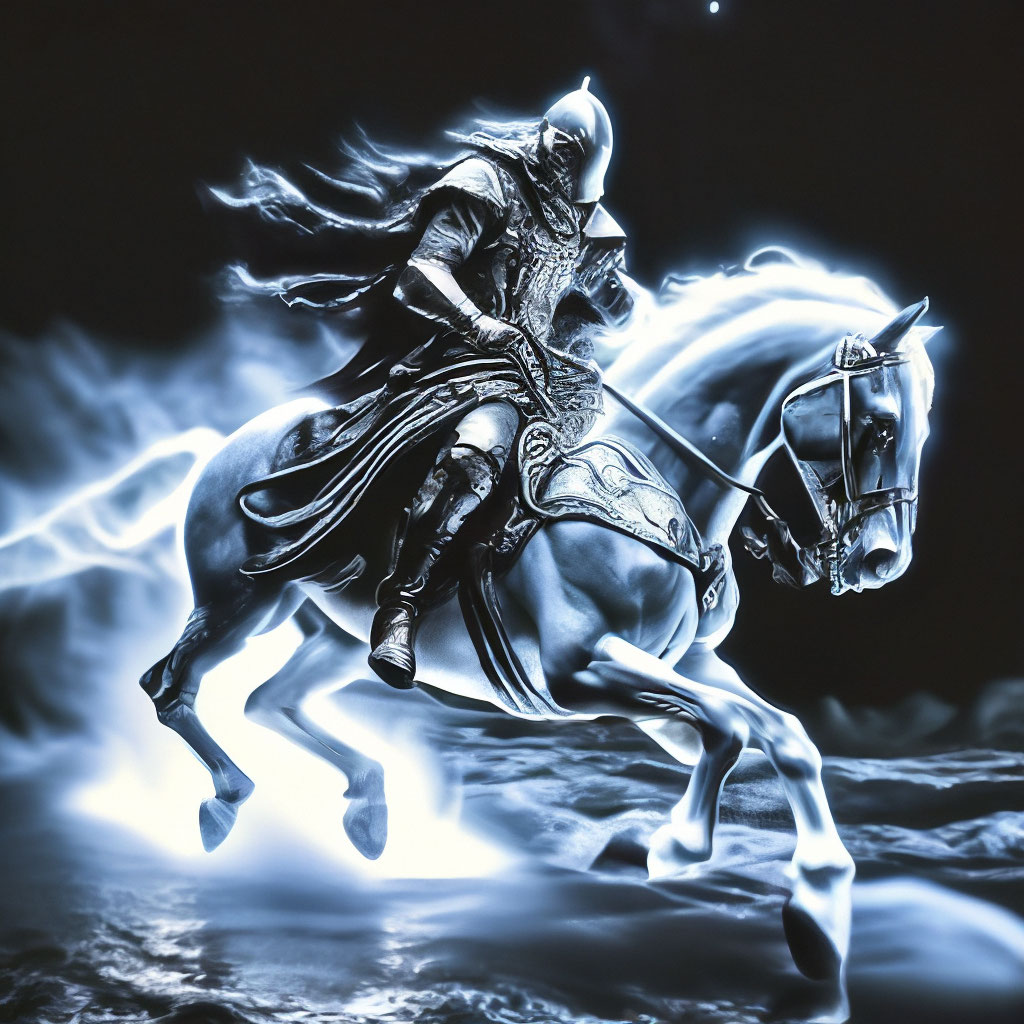 "Translucent medieval horseman nazgul through the light, jumping over ...