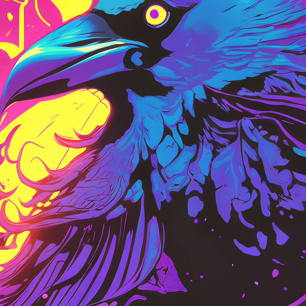 "Ultraviolet raven with a dark aura" — image created in Shedevrum
