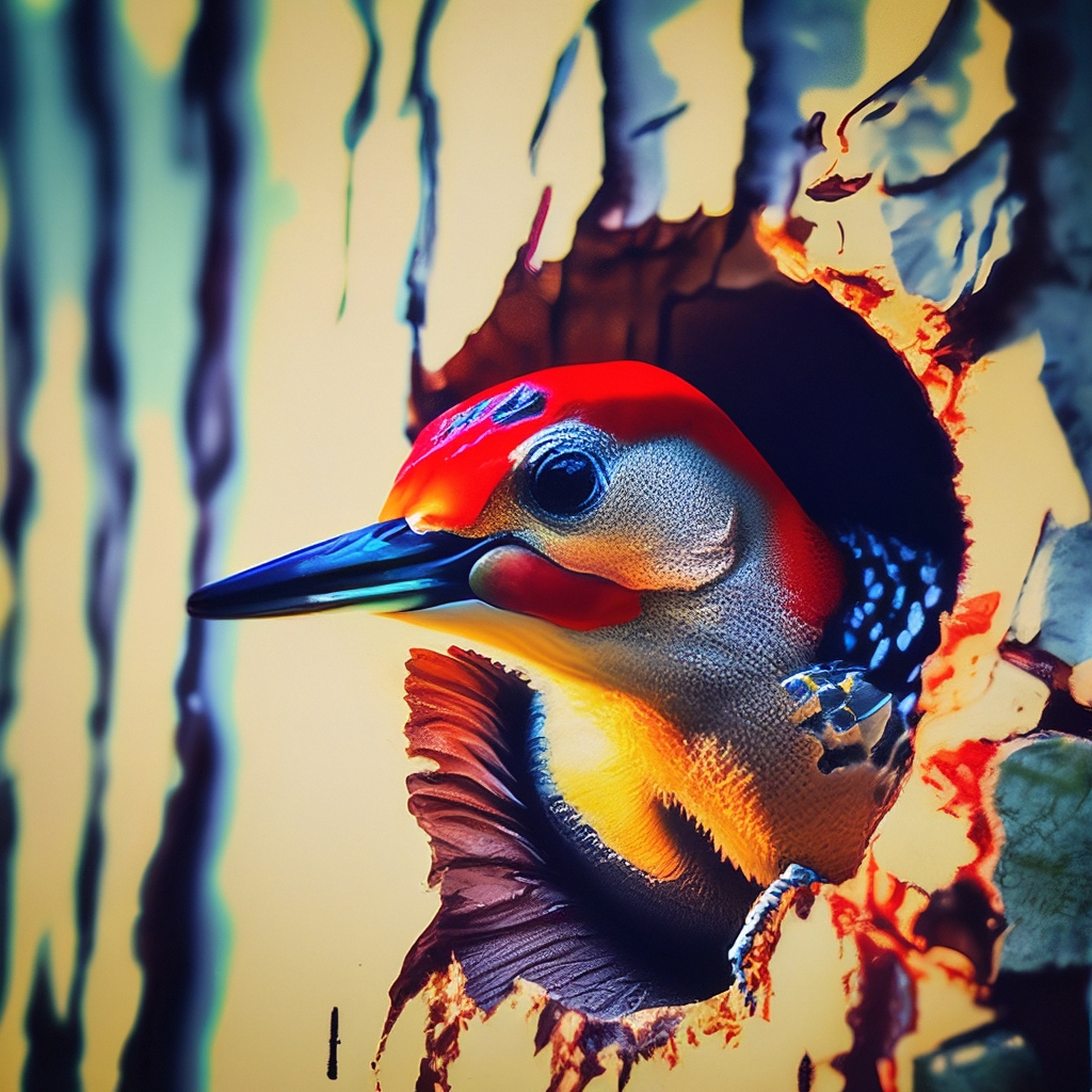 "The red head climbs into the hole deftly 😁 Woodpecker" — image created ...