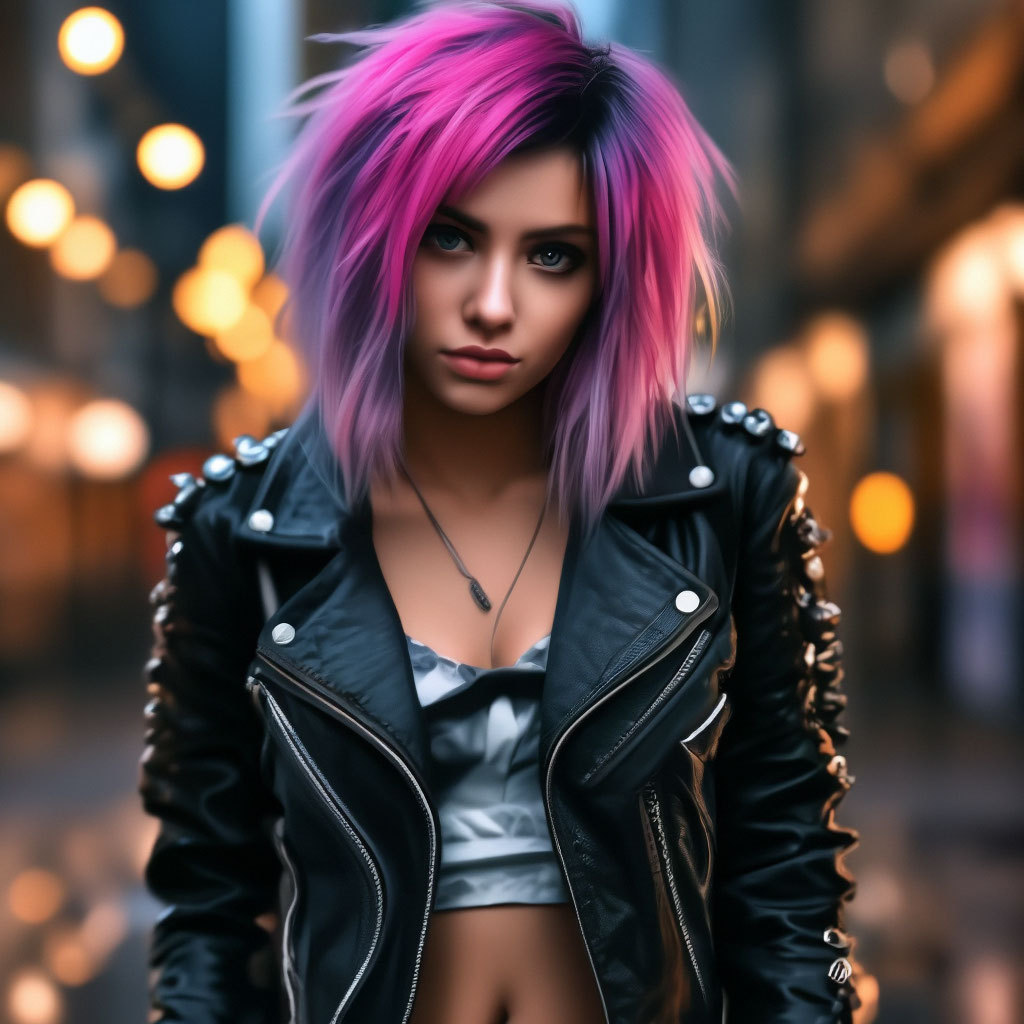 "Emo girl in a studded leather jacket and ripped jeans , colored hair ...
