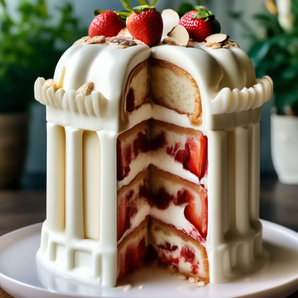 "Strawberry sponge cake in white chocolate glaze with almonds in the ...
