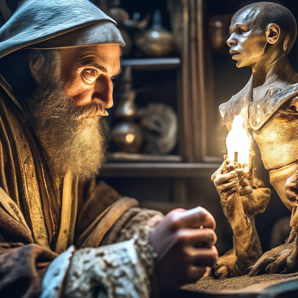 "Middle Ages. medieval scientist created a golem, room of a medieval ...
