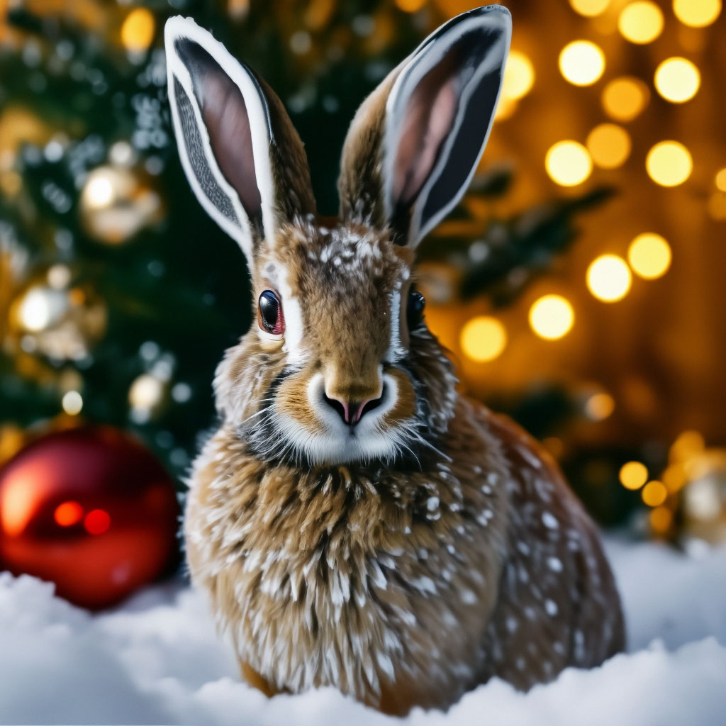 "A hare in the snow,under a Christmas tree,festive atmosphere,high ...