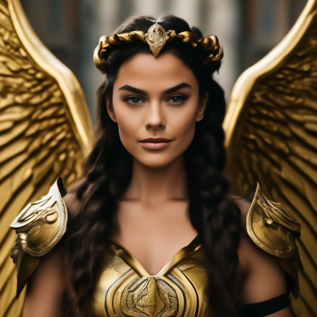 "Lauren LaVera, with angel wings, in gilded Valkyrie armor, one thin ...