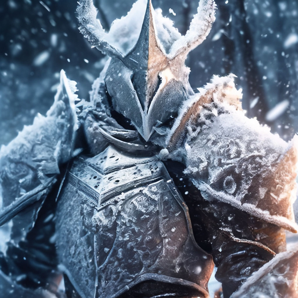 "Frozen horned knight in ice armor comes out of a snowstorm, close-up ...