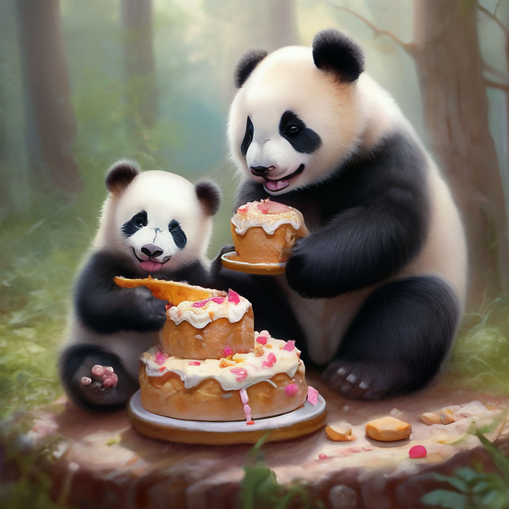 "Panda eats a cake with a bear cub" — image created in Shedevrum