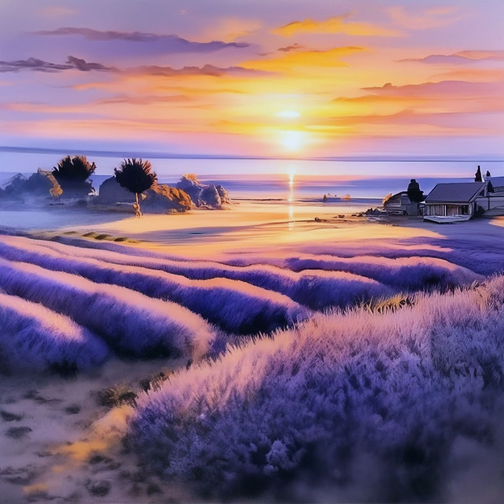 "Ink painting depicting a field overgrown with lavender in Valensol ...
