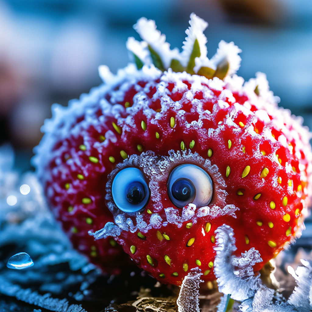 "Freeze from the cold Strawberry covered with frost with big expressive ...