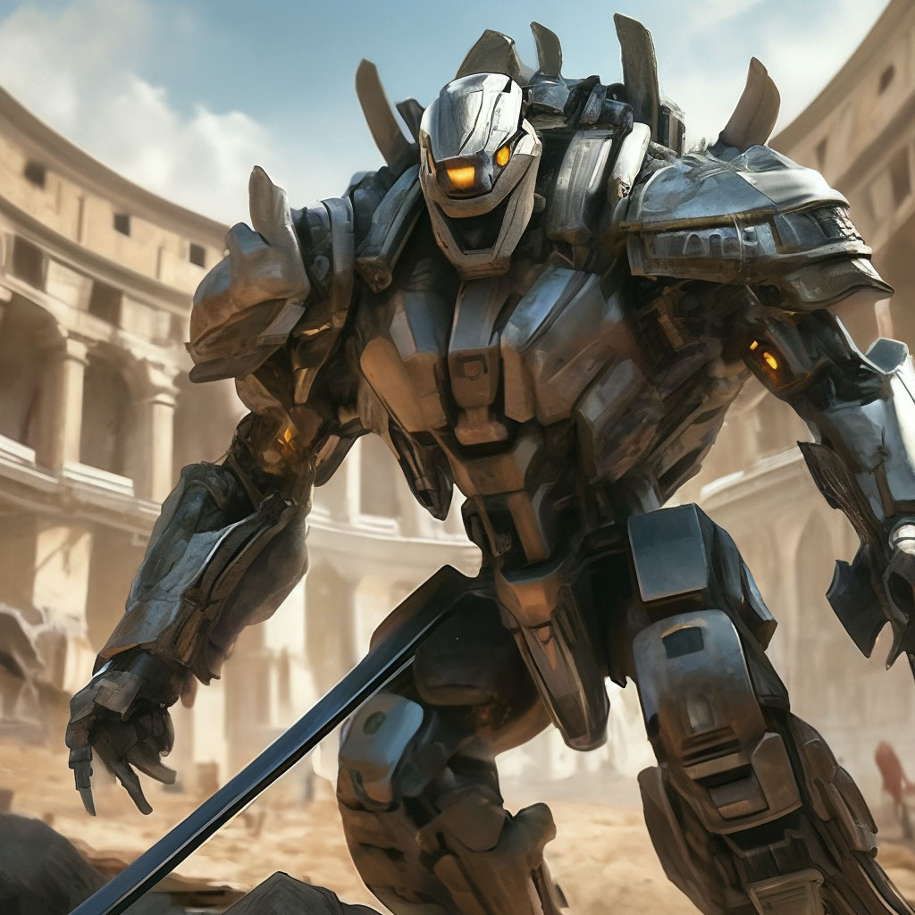 "Animatronic robot, sharp teeth, black body, claws, stands with a spear ...