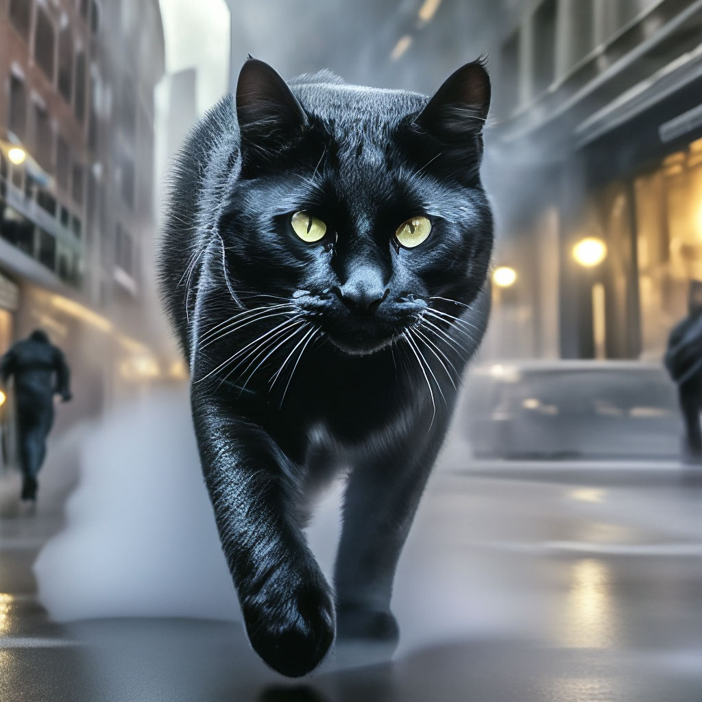 "Hyperrealism, huge Black cat, consists of smoke and steam, glow ...