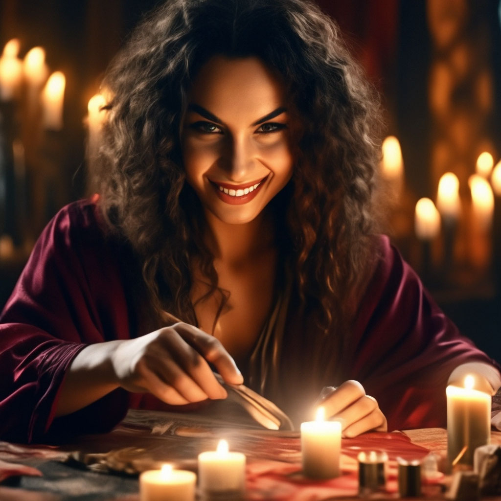 "Photorealism, evil juicy fortune-teller smiling maliciously leaning ...