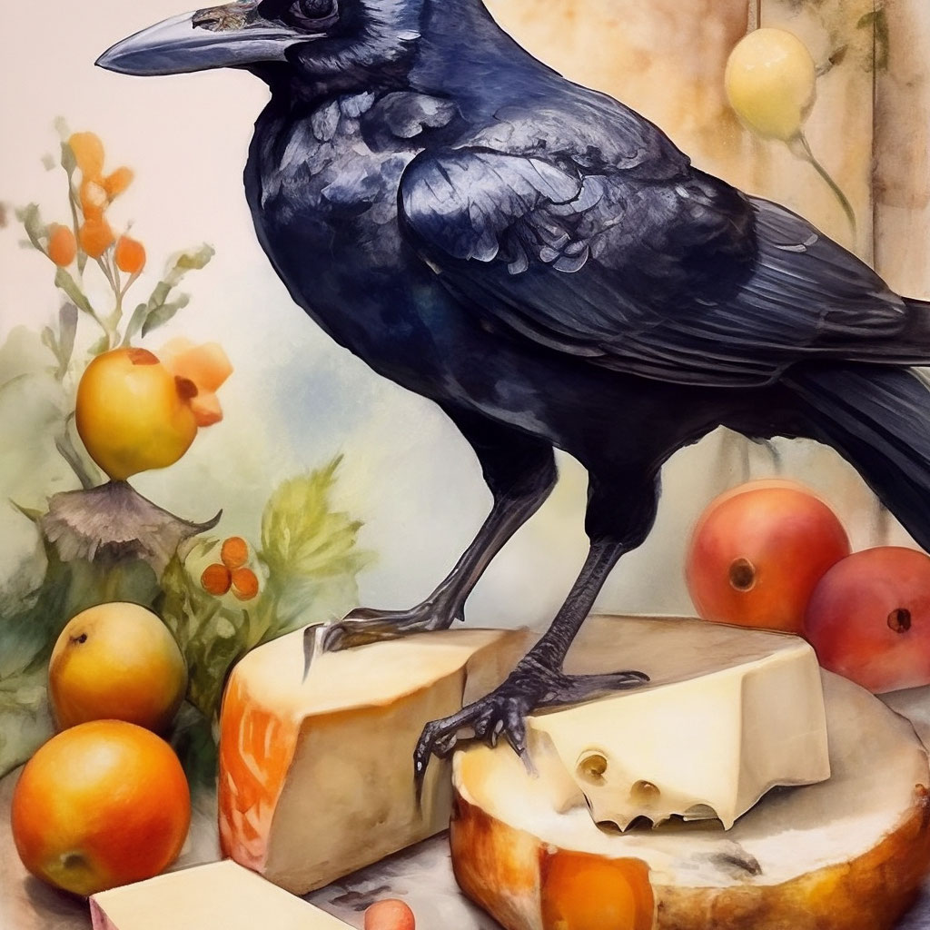 "Crow, cheese and fox, drawing, watercolor, ink drawing, volumetric ...