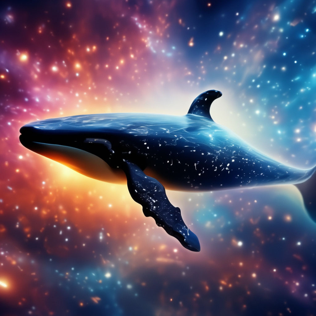 "Beautiful big whale flying in space among the stars, rainbow glow ...