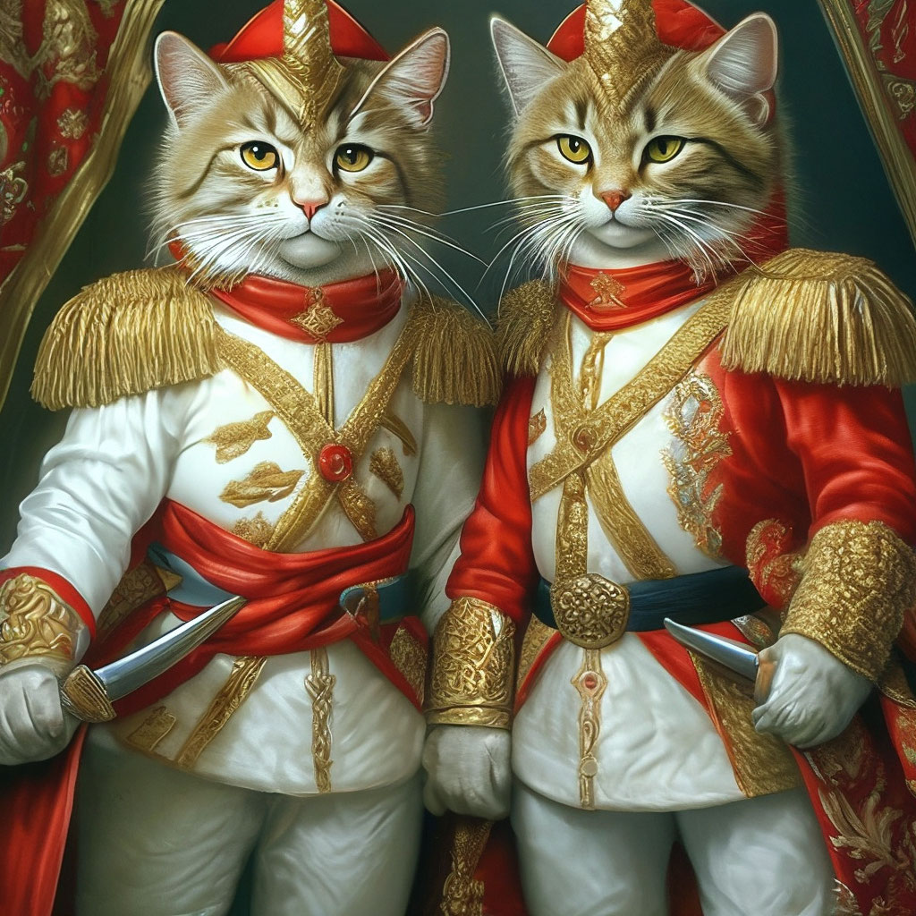 "Two hussar cats, black high Russian shako on his head, gold embroidery ...