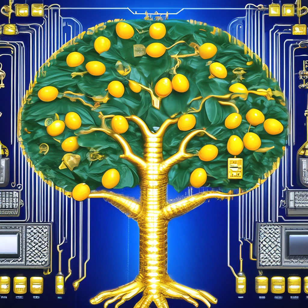 "Computer matrix, black chips with a golden outline, the main blue ...