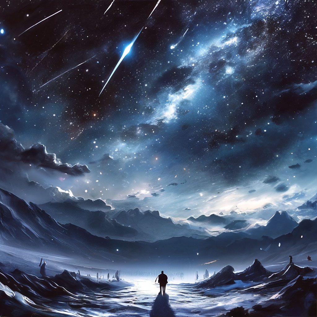 "Month in the sky, large stars, Ominous Black sky, chilling cold of ...