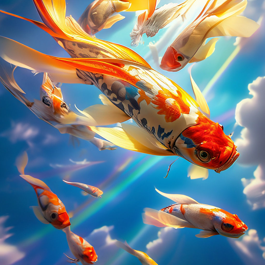 "A flock of koi carp flying in the ordinary sky + butterfly wings ...