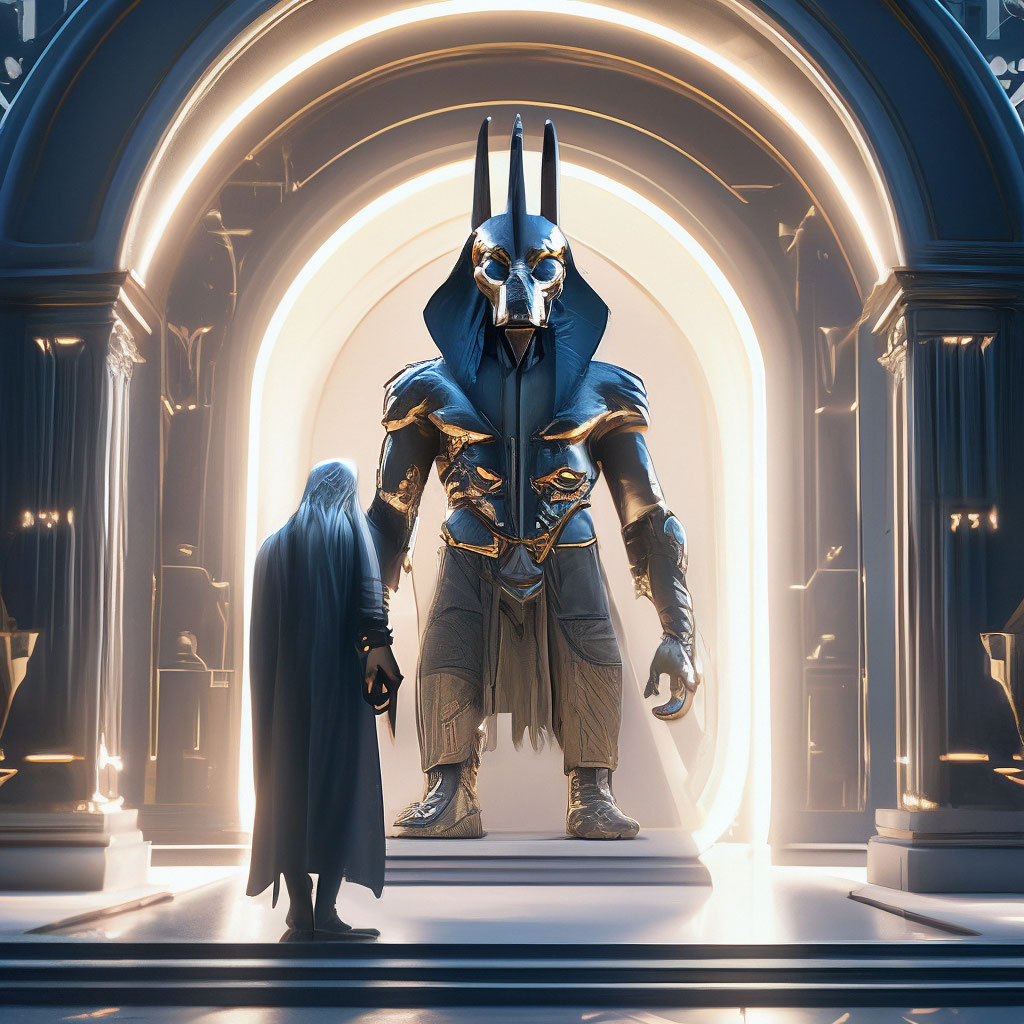 "Anubis and an old man in front of a bright white portal. professional ...