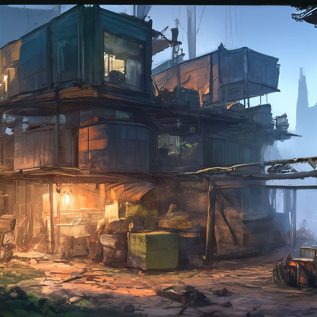 "A view from afar, a house made of containers and various junk, a ...