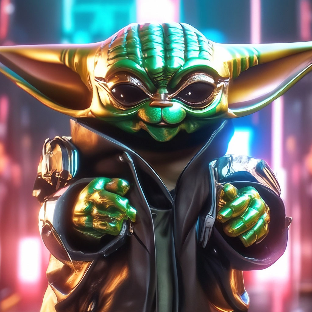 "Grogu little Yoda in cyberpunk style, fighting stance, grin ...