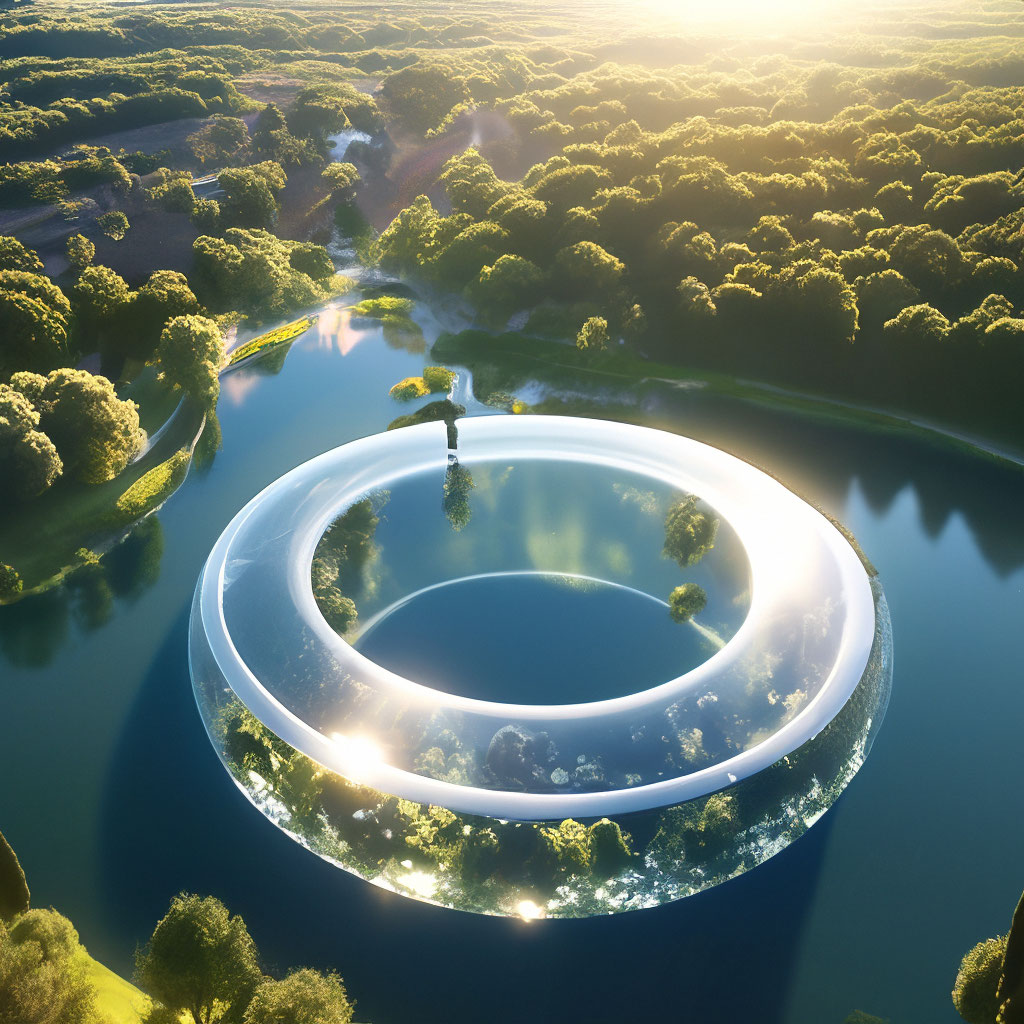 "Bird's-eye view, floating in the air, water, transparent torus, light ...