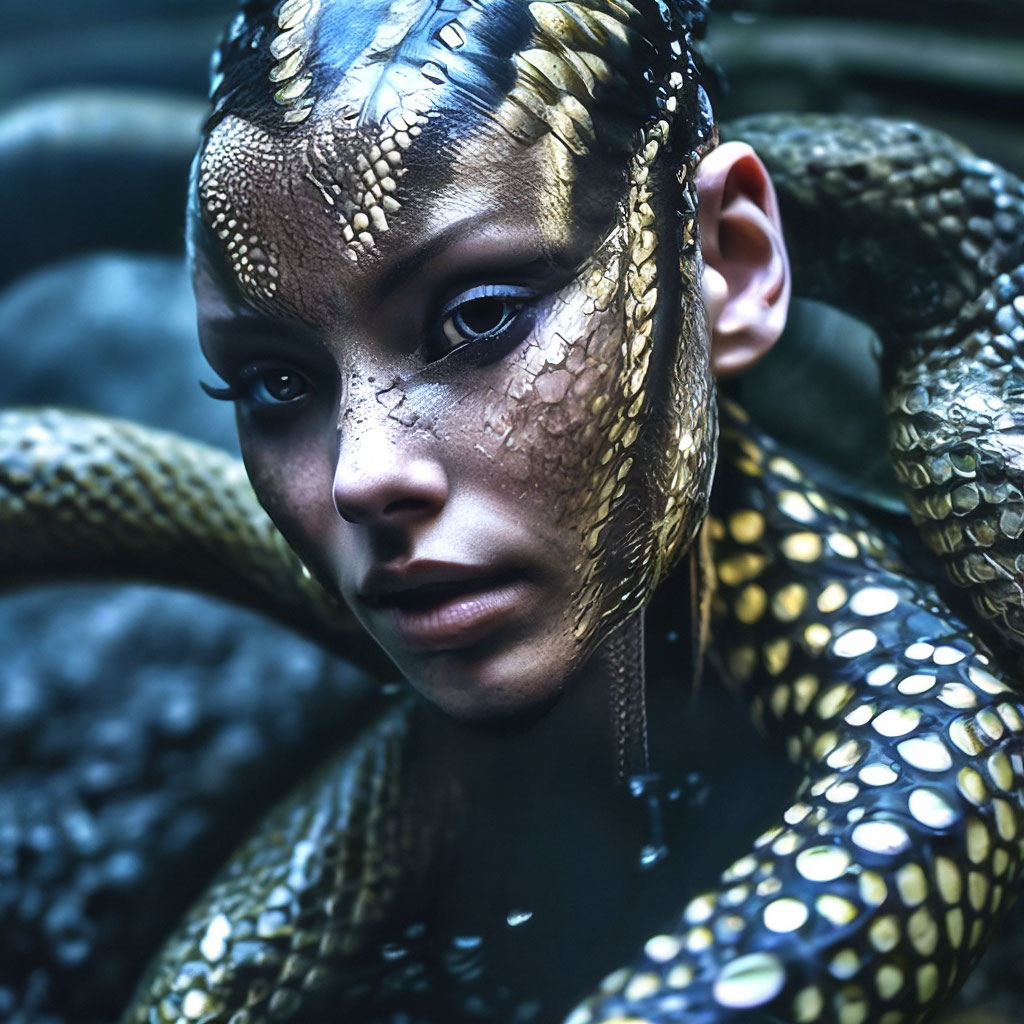 "Multi exposure, gorgon,water drops , body art, hybrid girl and cobra ...