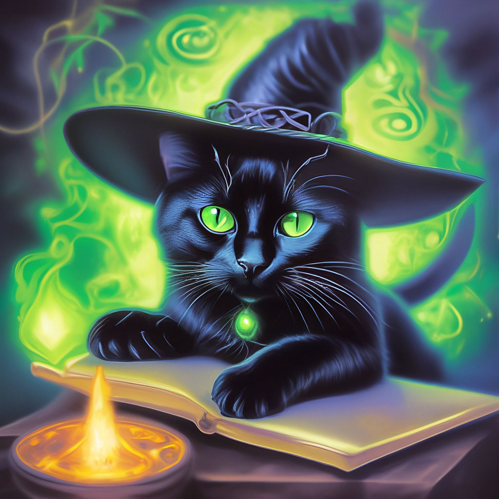 "A witch's black magic cat with a hat,with green eyes,a book of spells ...