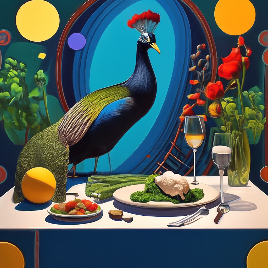 "@art-niura, still life, chicken for lunch huge live peacock on the ...