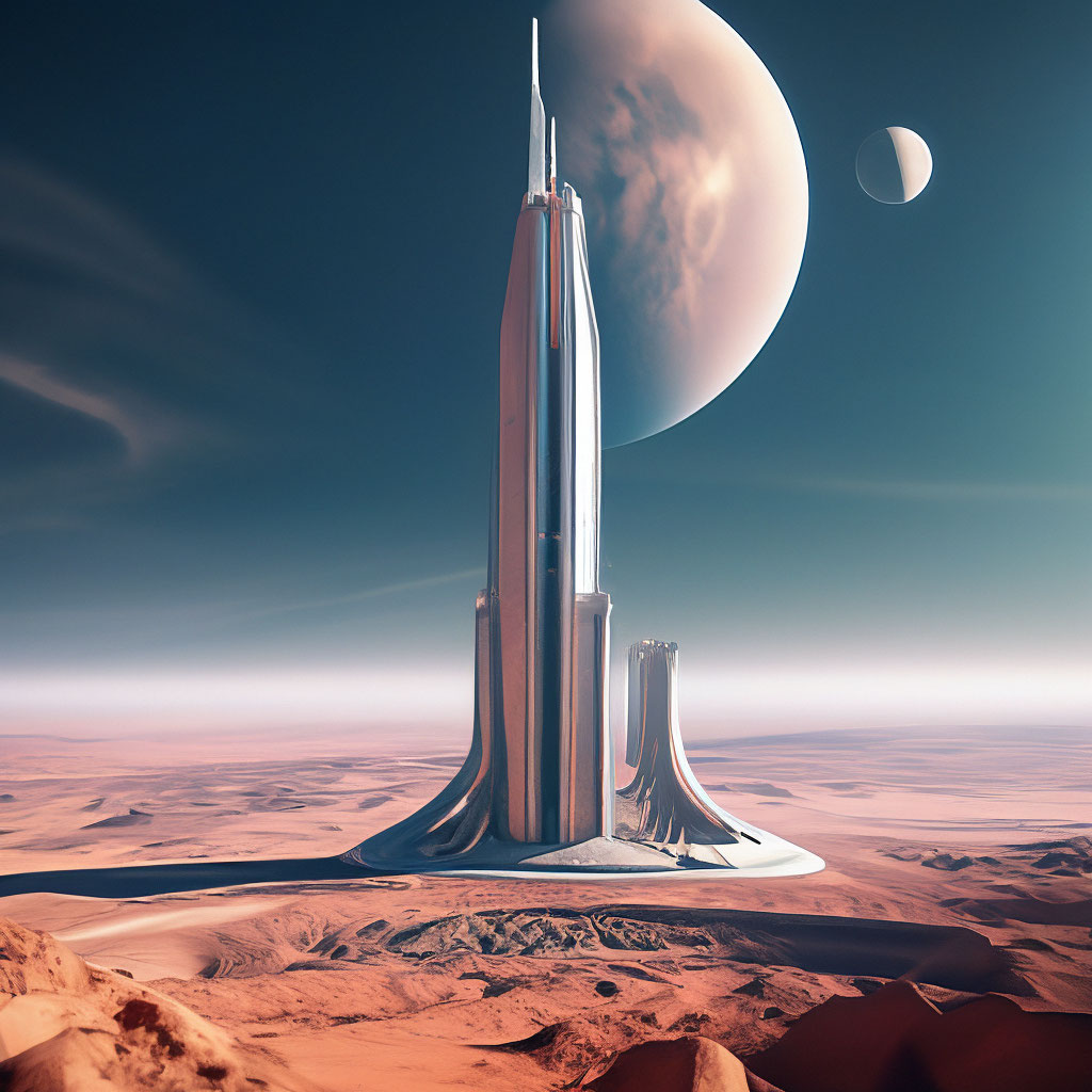 "A skyscraper on Mars" — image created in Shedevrum