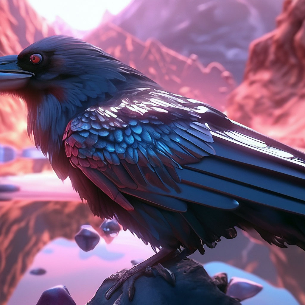 "Cyber raven, fantasy, fantasy adventure, around pink lake and crystals ...