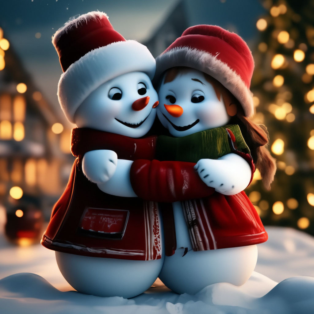 "Anthropomorphic snowmen a guy and a girl dancing, hugging, laughing ...