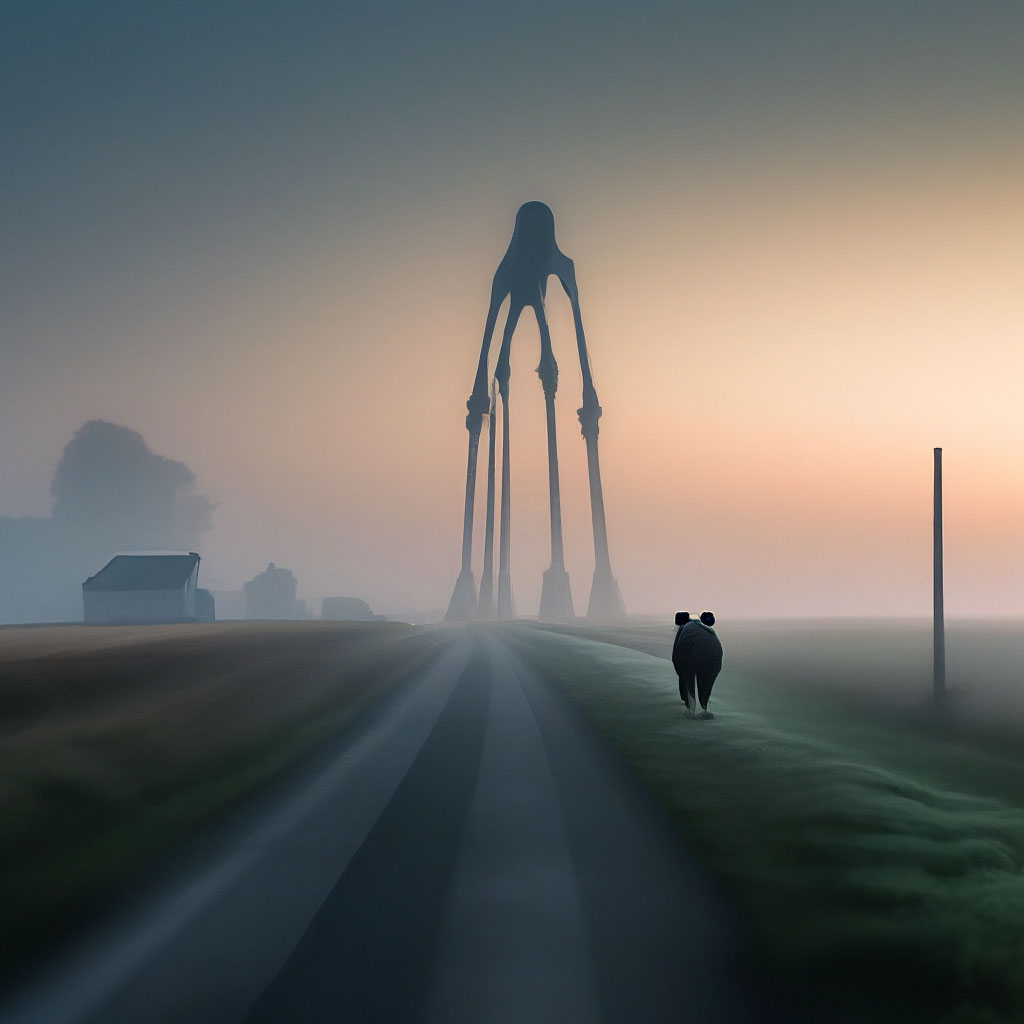 "A very tall creature walks on four thin paws on the border of a field ...