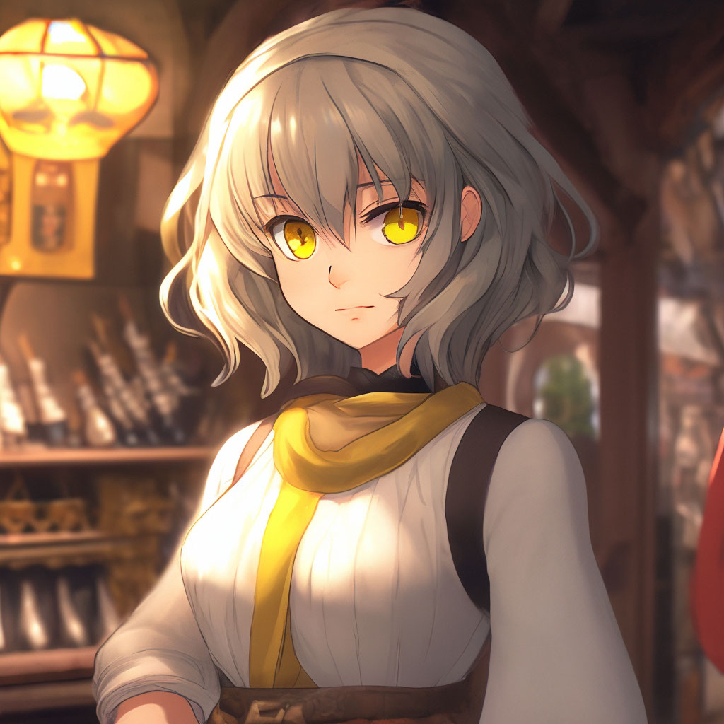 "Sly girl, arms dealer, Middle Ages, ashen hair, short haircut, yellow ...