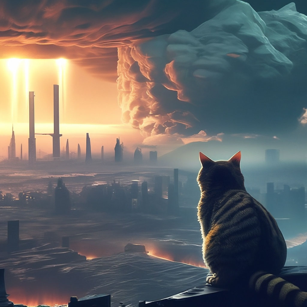 "A big nuclear cat far behind a huge city, a gloomy dark sky ...