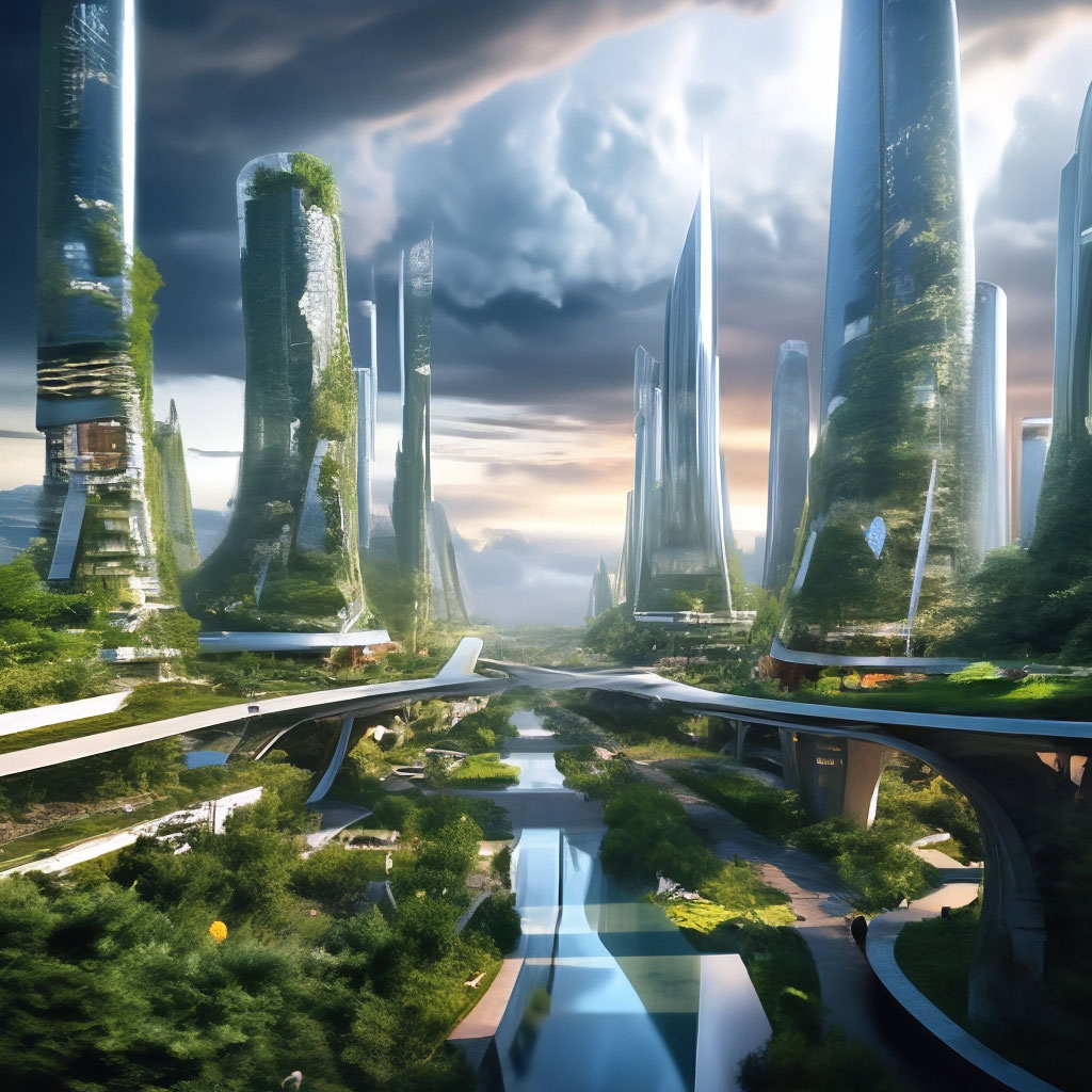 "The city of the future, megapolis, road junctions, stormy sky, multi ...