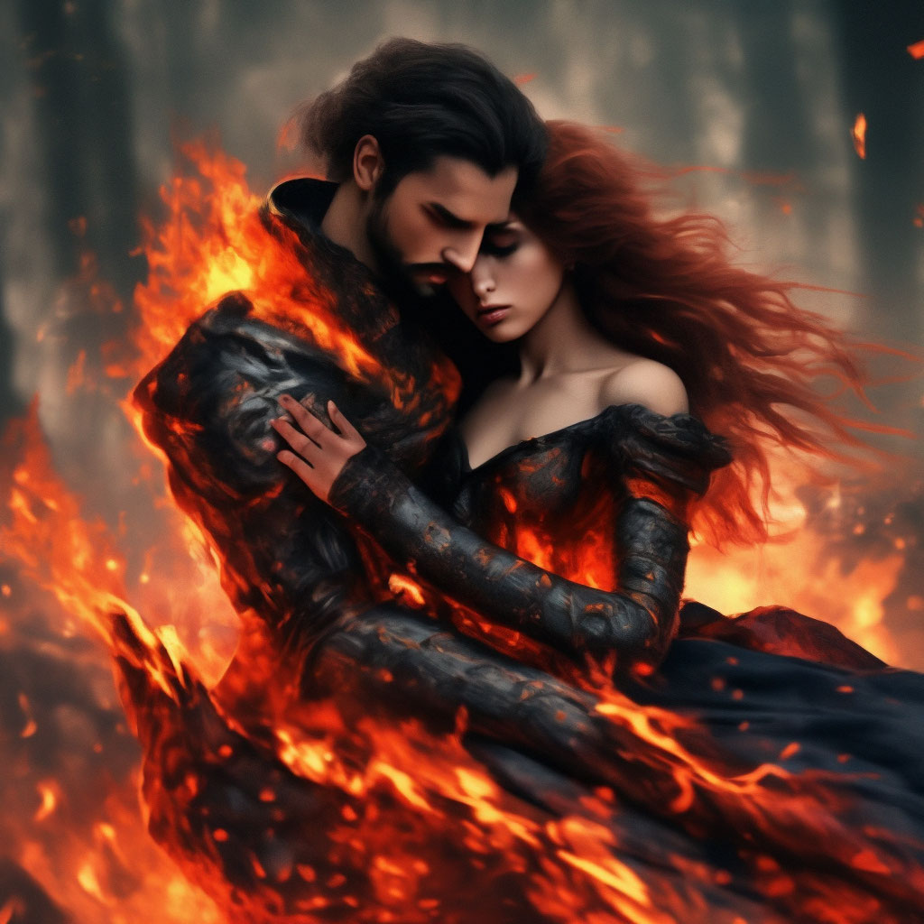 "Defeated in battle, a demon man of fire and a girl in a dress lie in ...