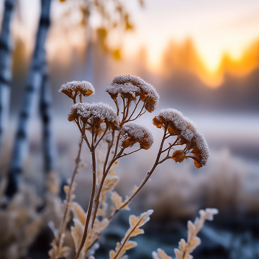 "Dried tansy, macro photography, birch trees, fog, autumn day, frost ...