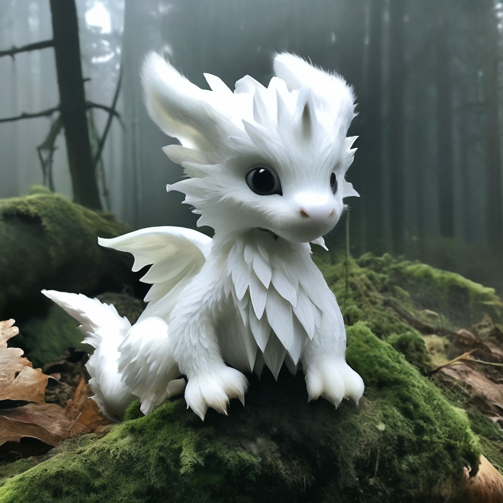 "A white, fluffy, cute little dragon" — image created in Shedevrum
