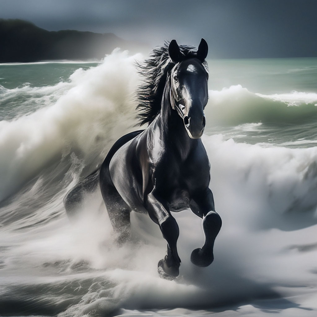 "Black horse running away from the tsunami, beautiful, bright lighting ...