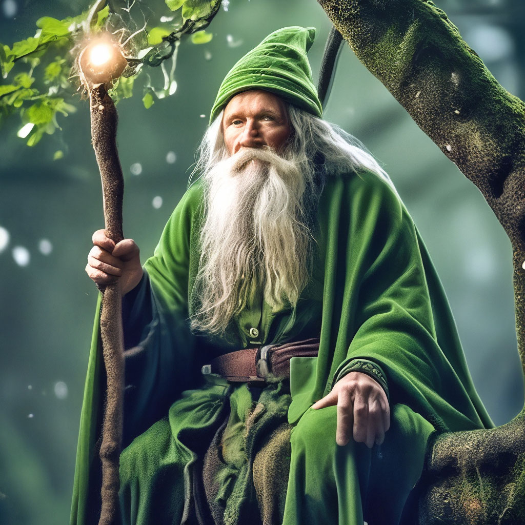 "On a tree, on the branches sits the master herbalist: an elderly ...