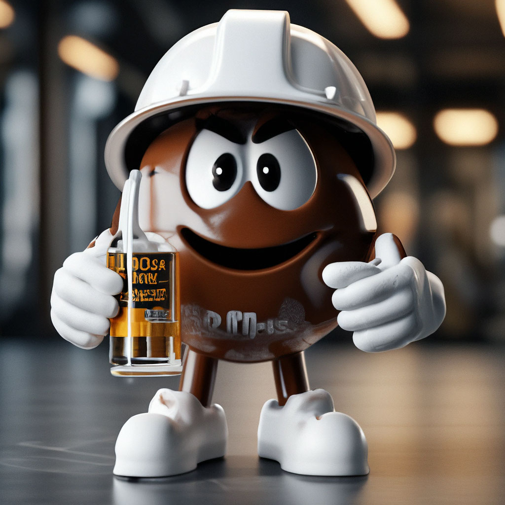 "Chocolate m&m's wears a white helmet and holds vodka in his hands ...
