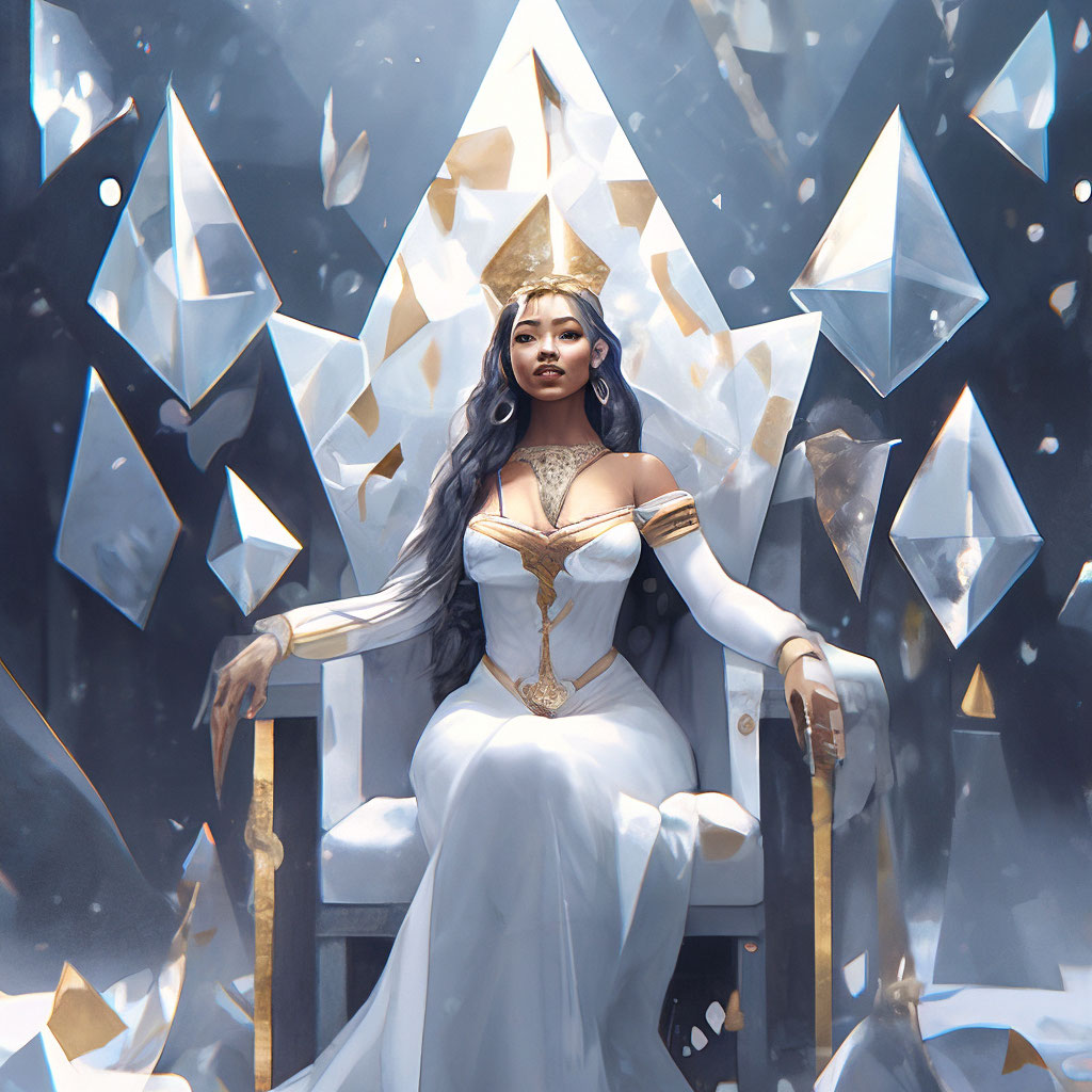 "Woman, snow queen, on the throne, smile, broken glass, crystal ...