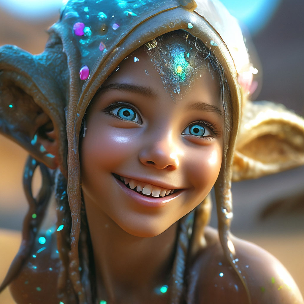 "Smiling alien girl miracle sand, creature, early youth, in symbiosis ...