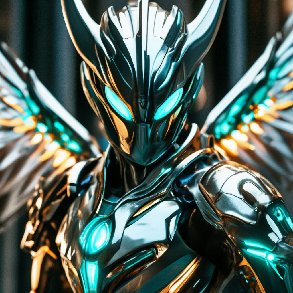"Flying cyborg robot, glowing wings, horns, iridescent armor, shining ...