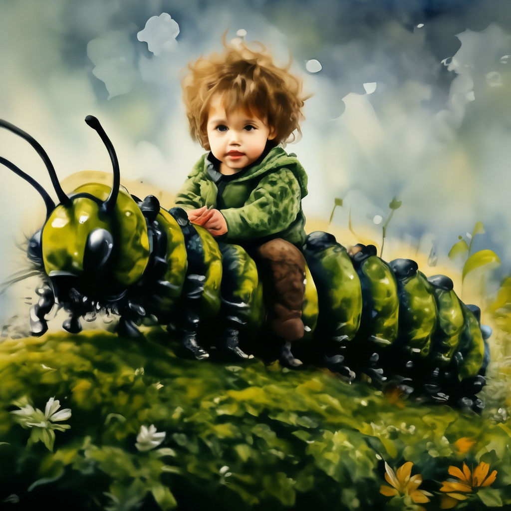"Mini child sitting on a large caterpillar,flying over a meadow ...