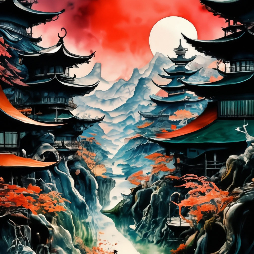 "Watercolor landscape in Japanese style, high quality, detailed drawing ...