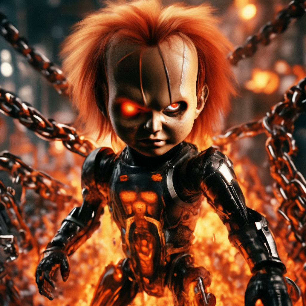 "Chucky doll, biorobot, many tubes, necromorph, chains, fire" — image ...