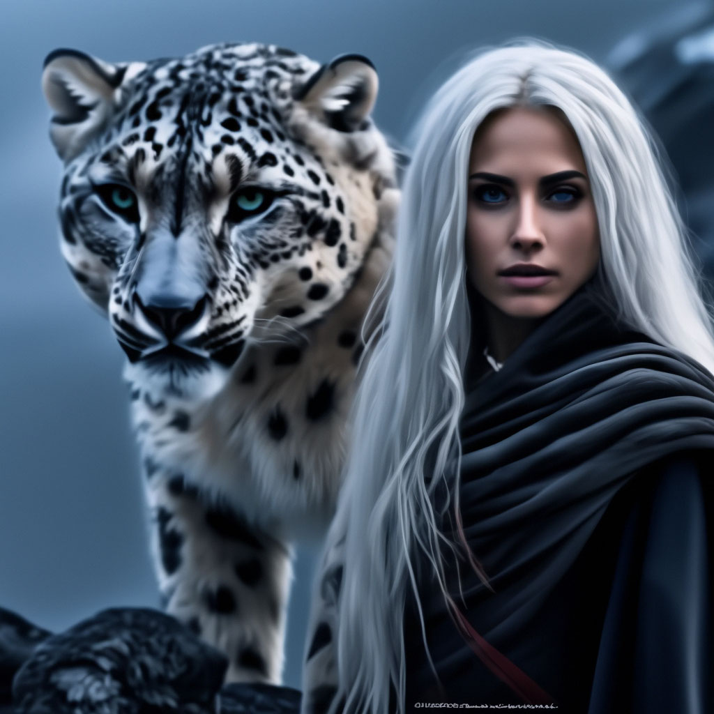 "A snow leopard stands on a snowy mountain with a white-haired girl ...