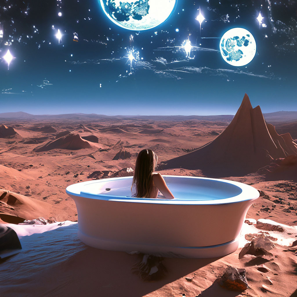 "A girl takes a bath on a desert moon, a small moon floats in the bath ...